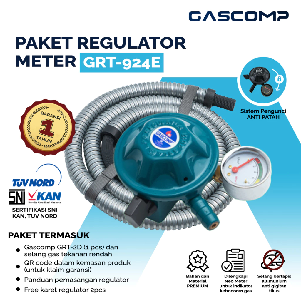 Jual Gascomp GRT924E Paket Selang Gas + Regulator Meter Tekanan Rendah Pengunci Ganda Otomatis ...