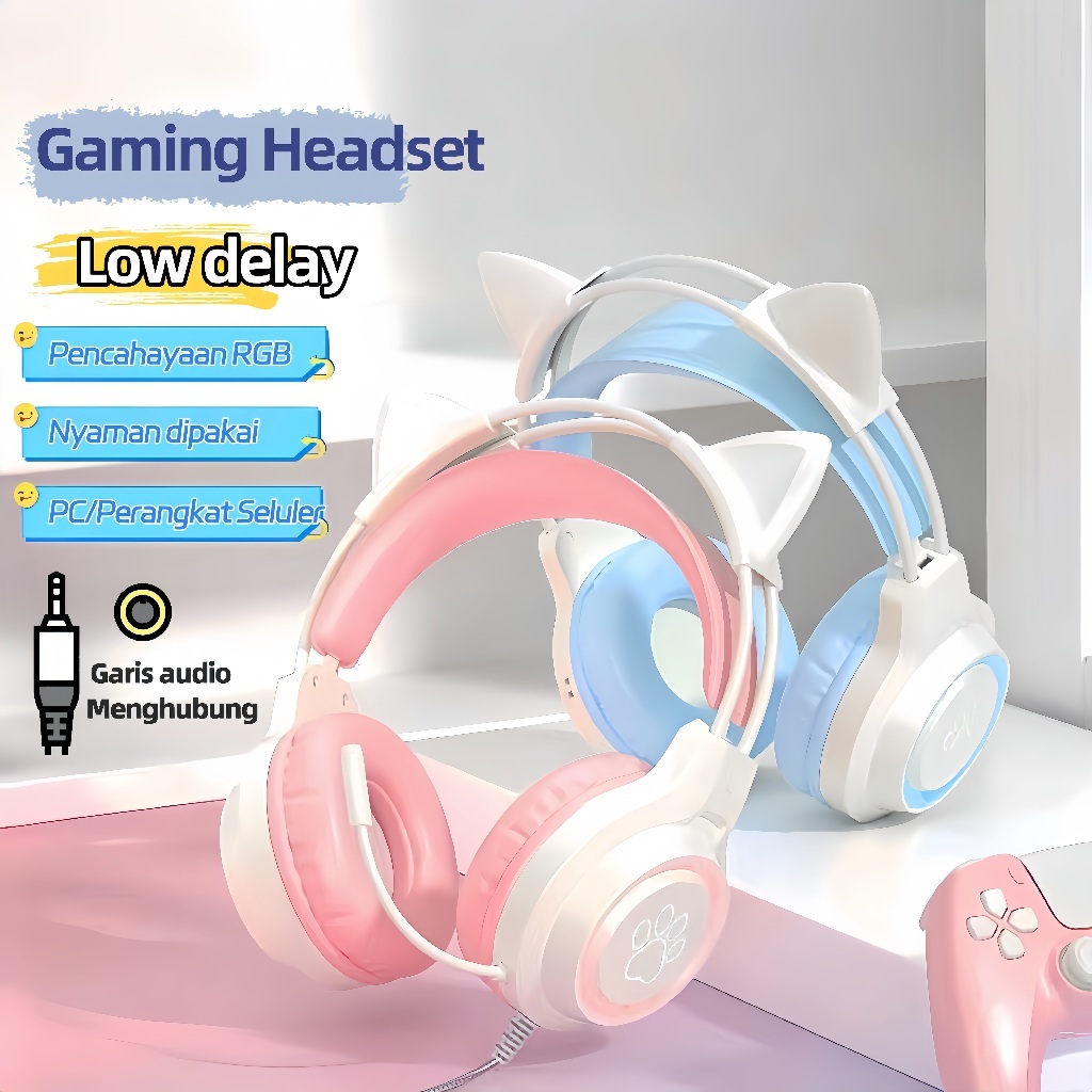 Jual Yulozea Headset Gaming Cat Ears Gaming Headphone RGB 7.1 Pink ...