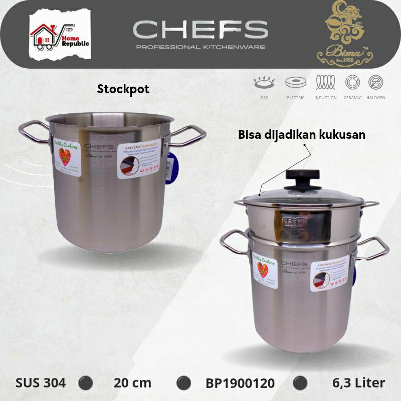 Jual BIMA CHEFS STOCKPOT 20CM 6.3L SUS304 BP1900120 PANCI TINGGI Stock ...