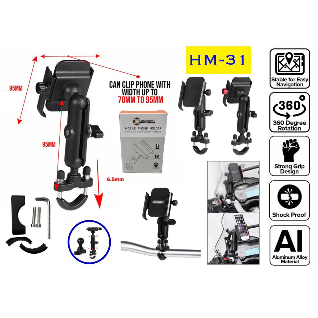 Jual Phone Holder stang motor HM31 HM-31 aluminium Stand handphone dudukan hape alat penyangga ...