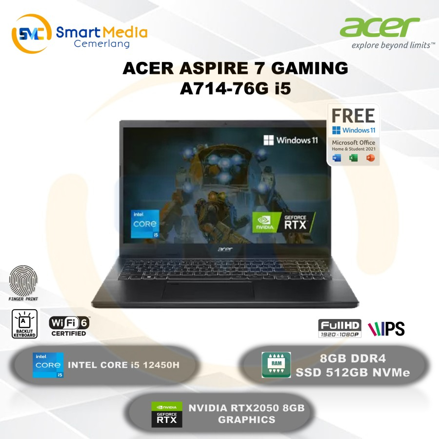 Jual ACER GAMING ASPIRE 7 A715-76G - INTEL I5-12450H - 8GB - 512GB - RTX2050 4GB - 15" FHD - W11 ...