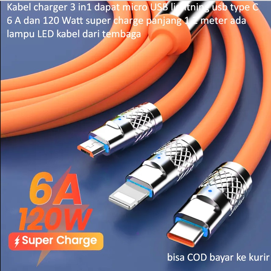 Jual Kabel charger 3 in1 dapat micro USB lightning usb type C 6 A dan ...