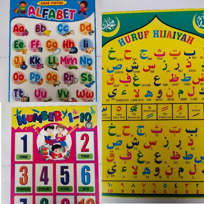 Jual Paket 3 lembar Poster Edukasi Anak l Angka 1-10 l Huruf Hijaiyah ...