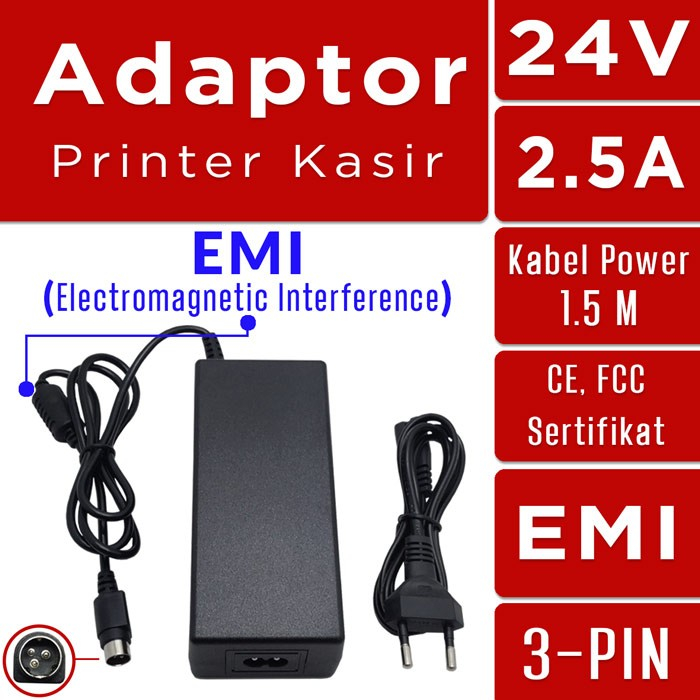 Jual Adaptor Printer Thermal Label Resi Struk 3-PIN 24V 2.5A Built-in ...