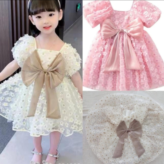 Jual (2-7th) Dress bunga 3D pink putih sequins pita besar gaun pesta ...