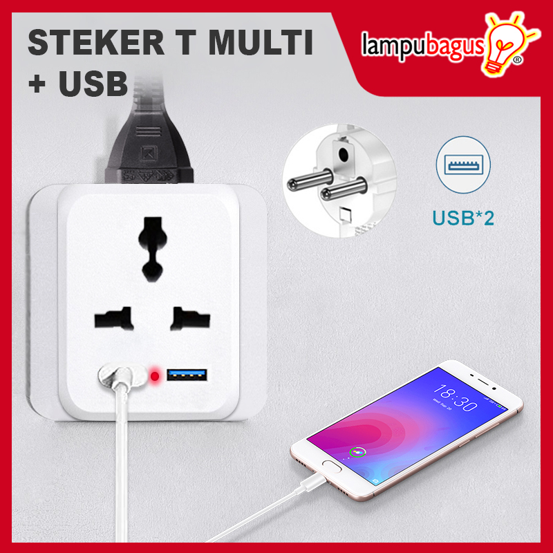 Jual Steker T Multi Serbaguna 2 Lubang + 2 Port USB / Steker Usb ...