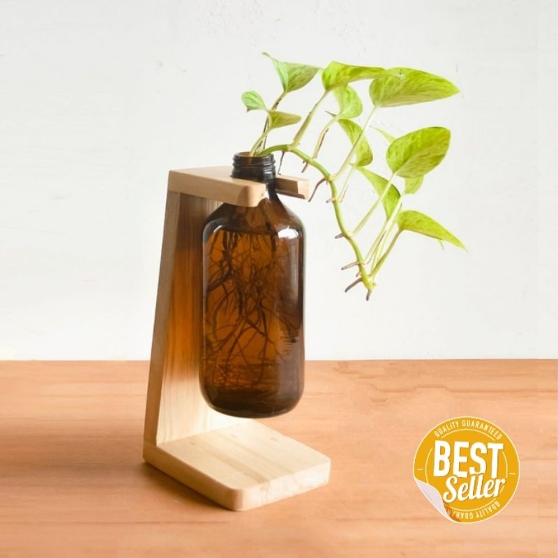 Jual 1 Set Vas Bunga Kaca Amber Stand Kayu Aesthetic / Pajangan Estetik ...