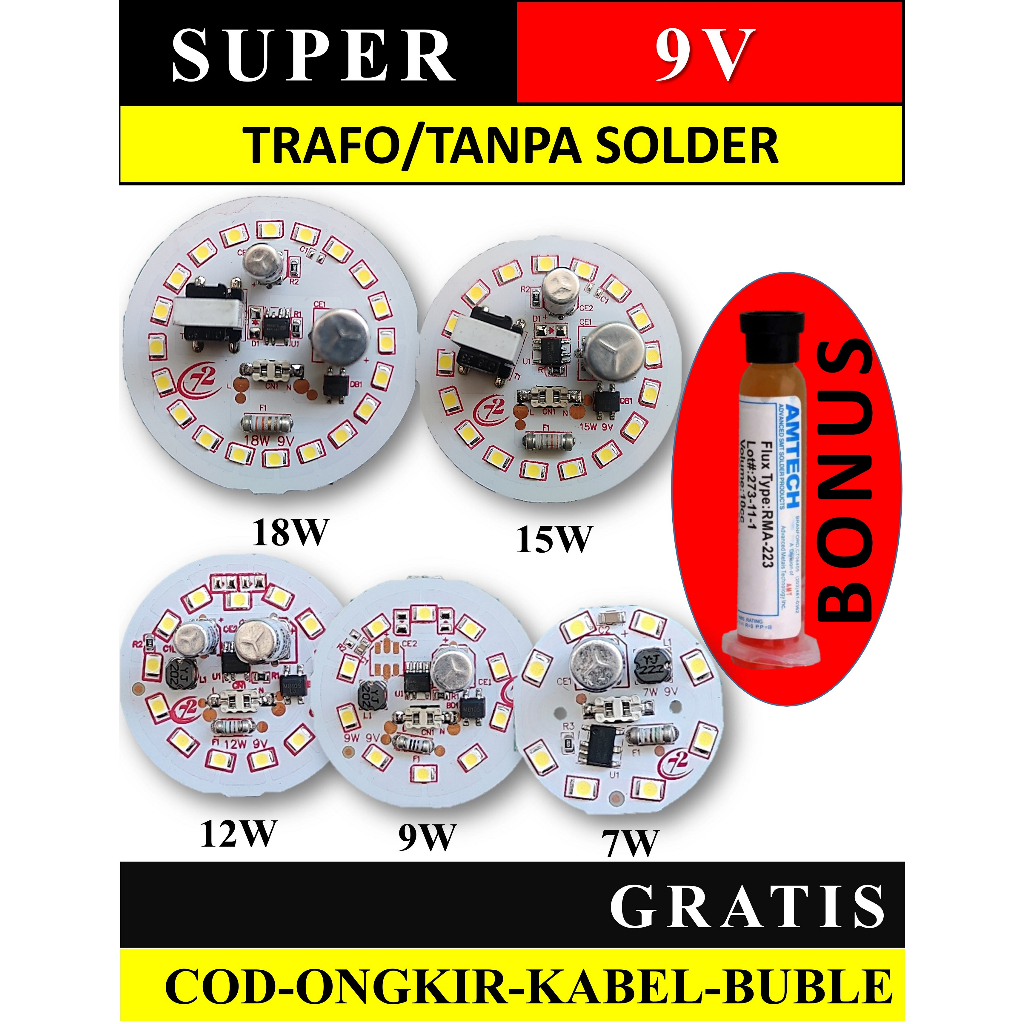 Jual (SUPER 9V) Pcb Lampu Led AC 18W 15W 12W 9W 7W | Shopee Indonesia