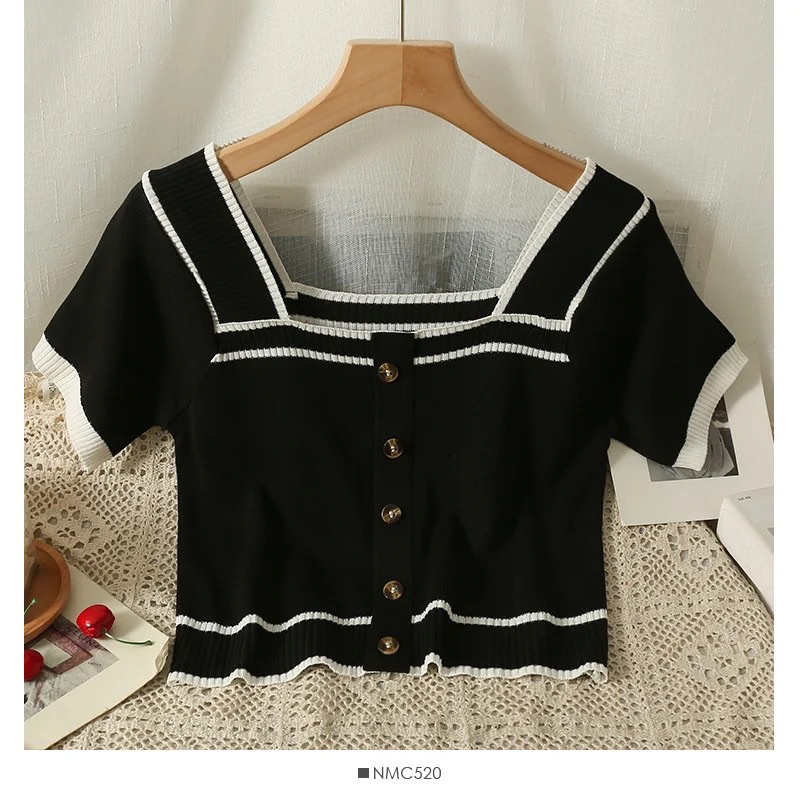 Jual Korean V Neck Collar Button Down Knit Crop Top 2002 - Atasan Crop Knit Leher V dengan ...