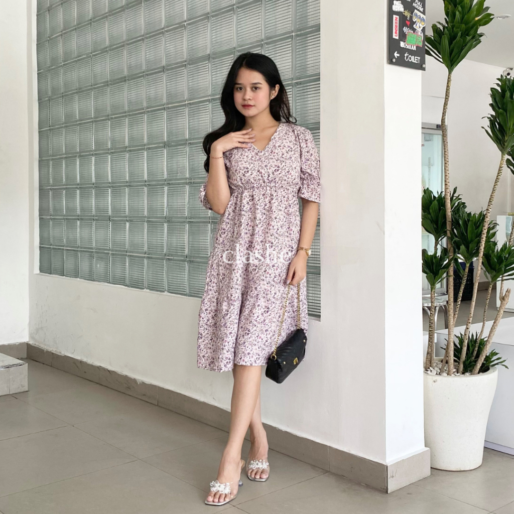 Jual Hera Dress Gaun Motif Bunga Lengan Pendek Wanita Crinkle Airflow ...