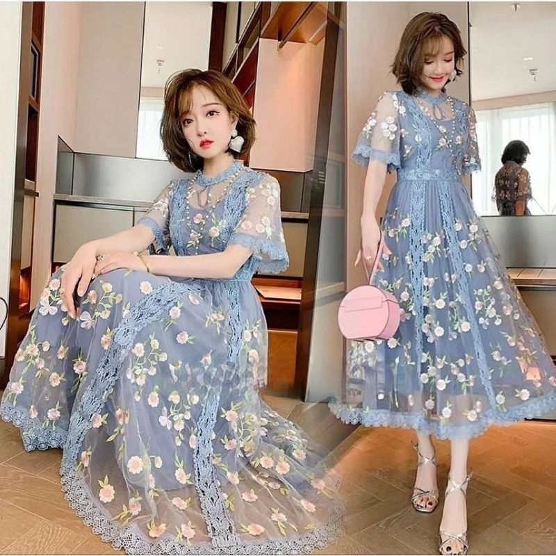 Jual dress lace floral flower flare midi dress bunga bunga flowery gaun ...