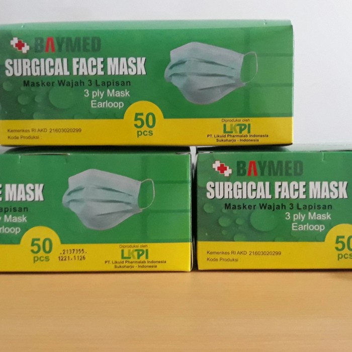 Jual Masker Cantol Baymed Hijau/ Masker Medis Earloop Karet 3ply BAYMED ...