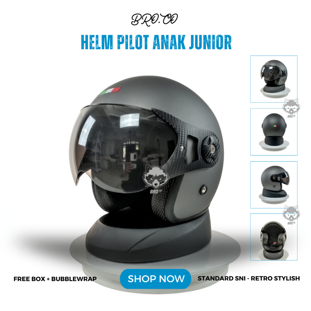 Jual HELM PILOT RETRO ITALY ANAK ANAK JUNIOR HALF FACE HITAM BLACK ...