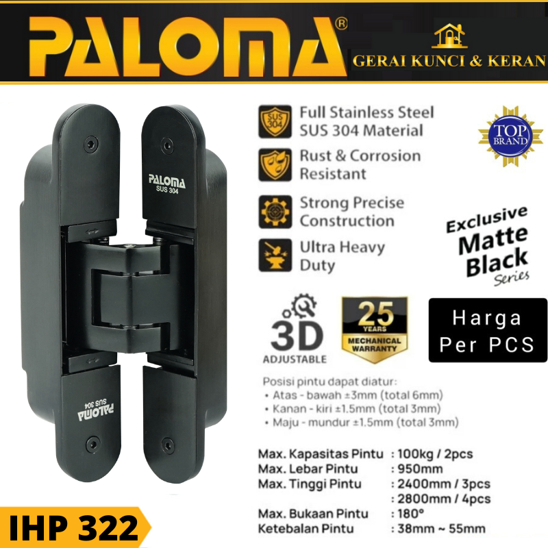 Jual PALOMA IHP 322 ENGSEL TANAM PINTU CONCEALED INVISIBLE HINGE D100 ...