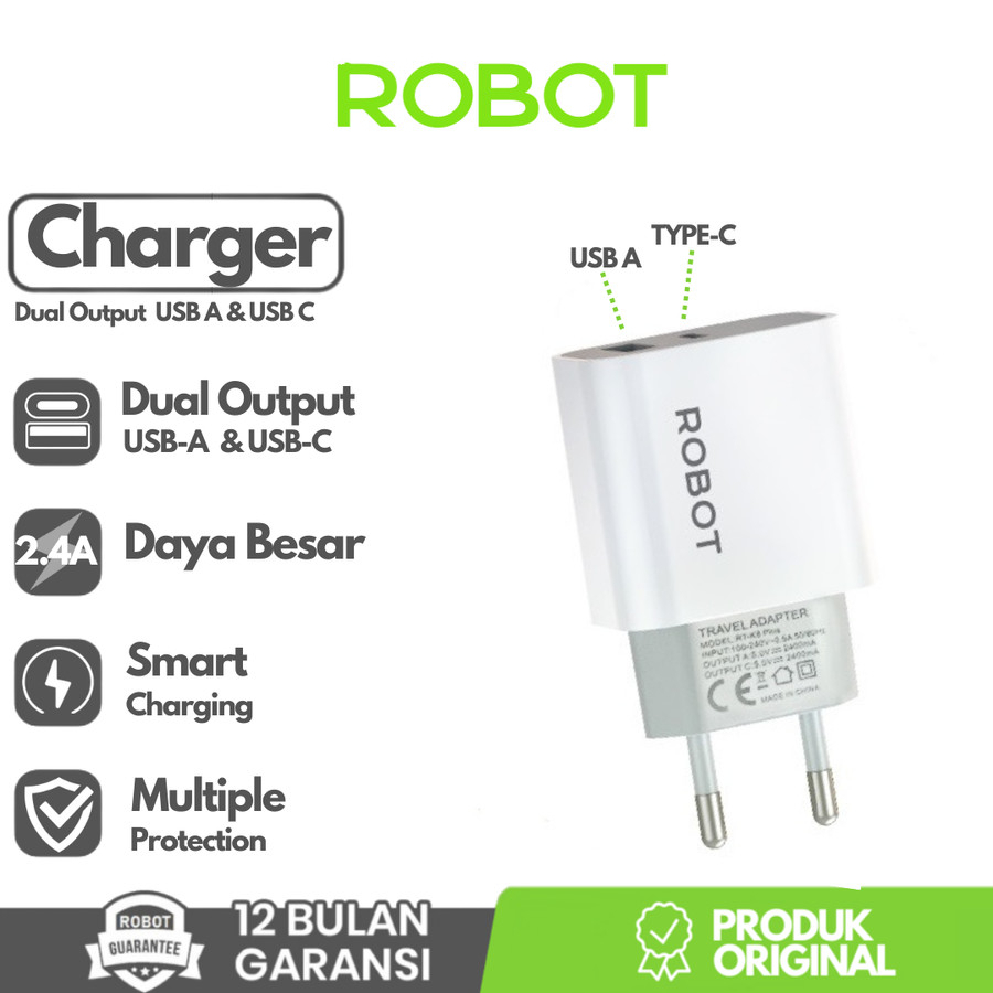 Jual ROBOT ADAPTOR CHARGER RT-K8 PLUS WHITE 2.4A DUAL OUTPUT USB A ...