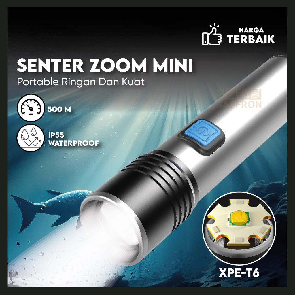Jual Senter LED Zoom Mini 100Lm Waterproof IP55 3 Mode Cahaya Alumunium Portable Rechargeable ...