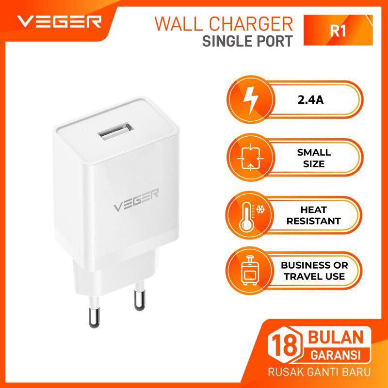 Jual VEGER Wall Charger R1 Single Port USB Output 2.4A 12W | Shopee ...