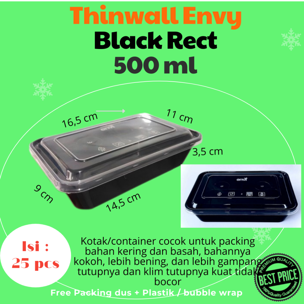 Jual Thinwall Envi Black Hitam 500ml Rect Kotak Makanan Isi 25 Set