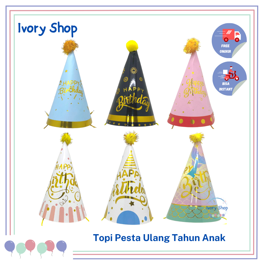 Jual Topi Pesta Ulang Tahun Anak Pink Biru Hitam Birthday Party Hat ...