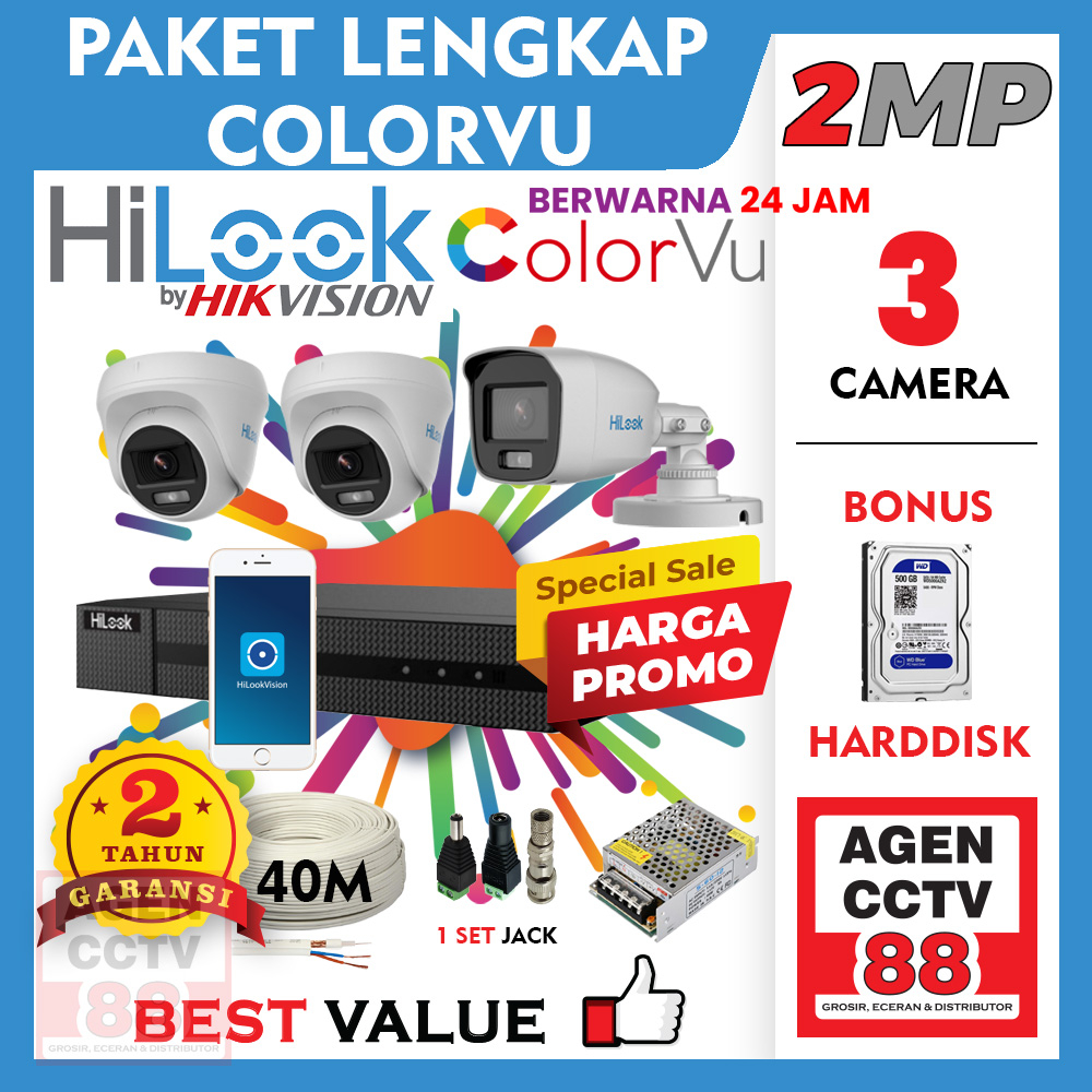 Jual Paket CCTV HILOOK Colorvu 2MP 1080P 3 Channel Kamera 3CH 24 Jam ...