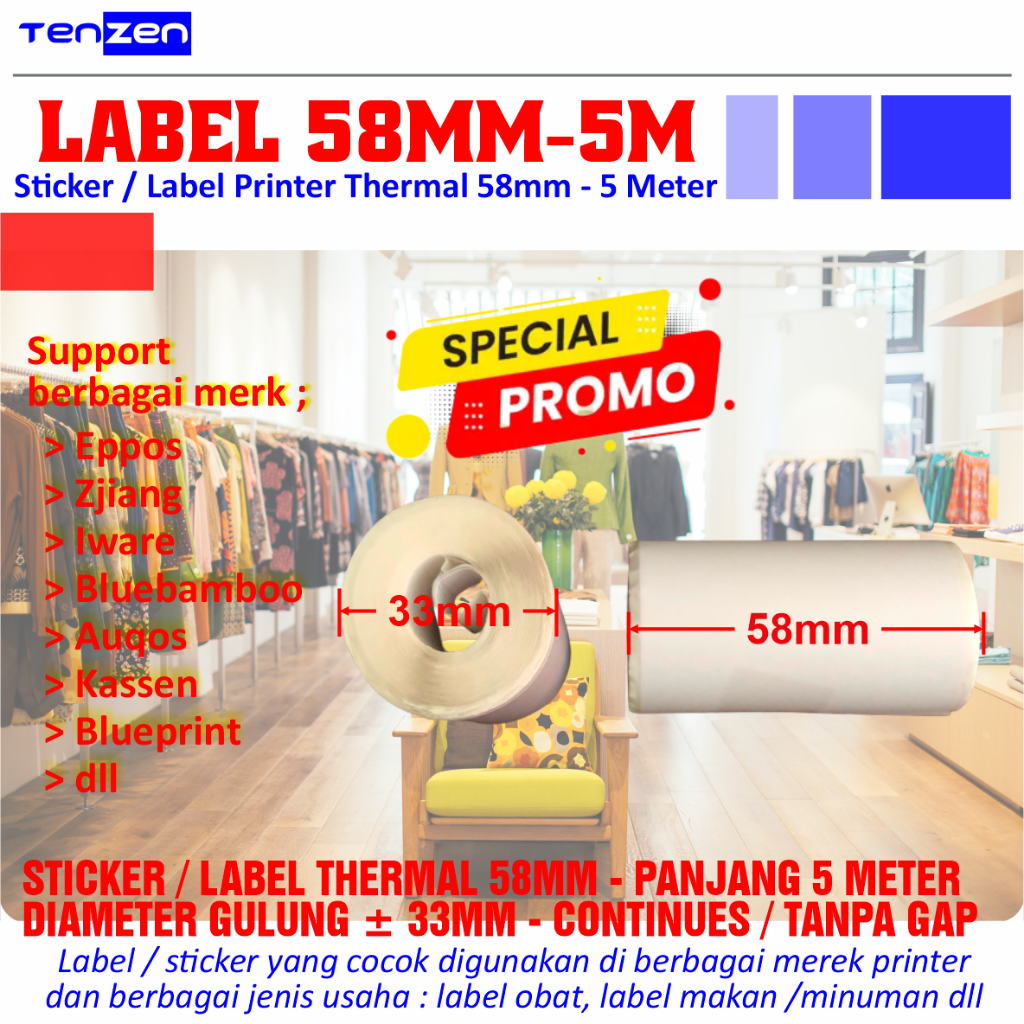 Jual Sticker Label Thermal 58mm x 33mm 5 meter Continues / Tanpa Gap ...