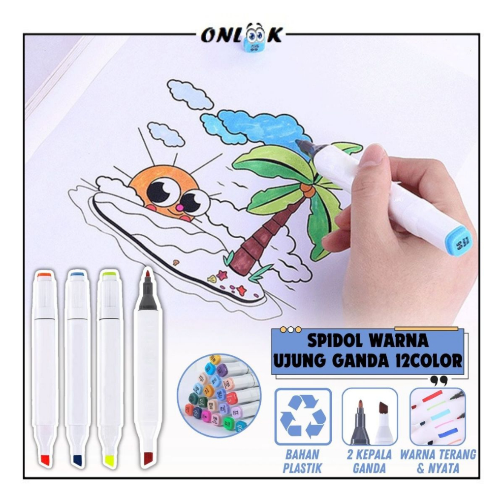 Jual Spidol Warna 2 Sisi Ujung Ganda Isi 12 Color / Highlighter Marker ...