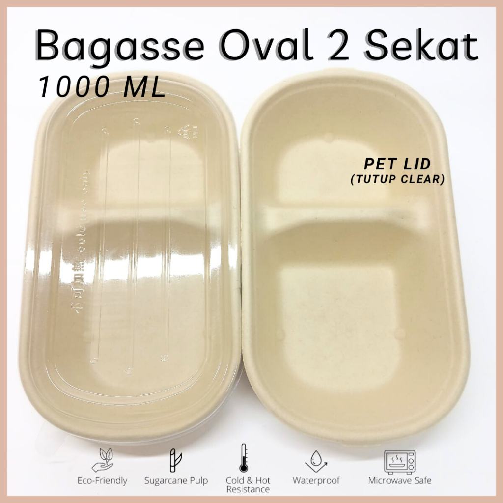 Jual 2 Compartement Oval Sugarcane Bagasse 1000 ML / Lunch Box 10 Pcs + Lid / TAB10002C | Shopee ...