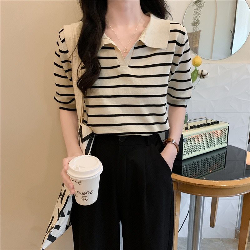 Jual Atasan Kerah Salur Kaos Polo Rajut Wanita / Korean Vneck Knitt Blouse | Shopee Indonesia