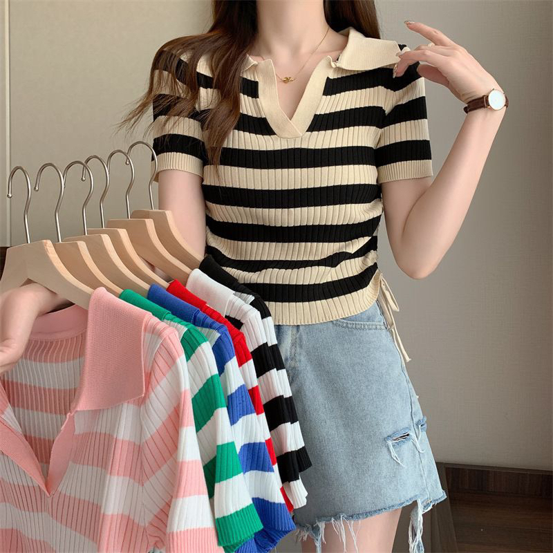 Jual Atasan Kerah polo Rajut SALUR Tali - Vneck Crop Top Blouse Stripe - Polo Shirt Atasan ...