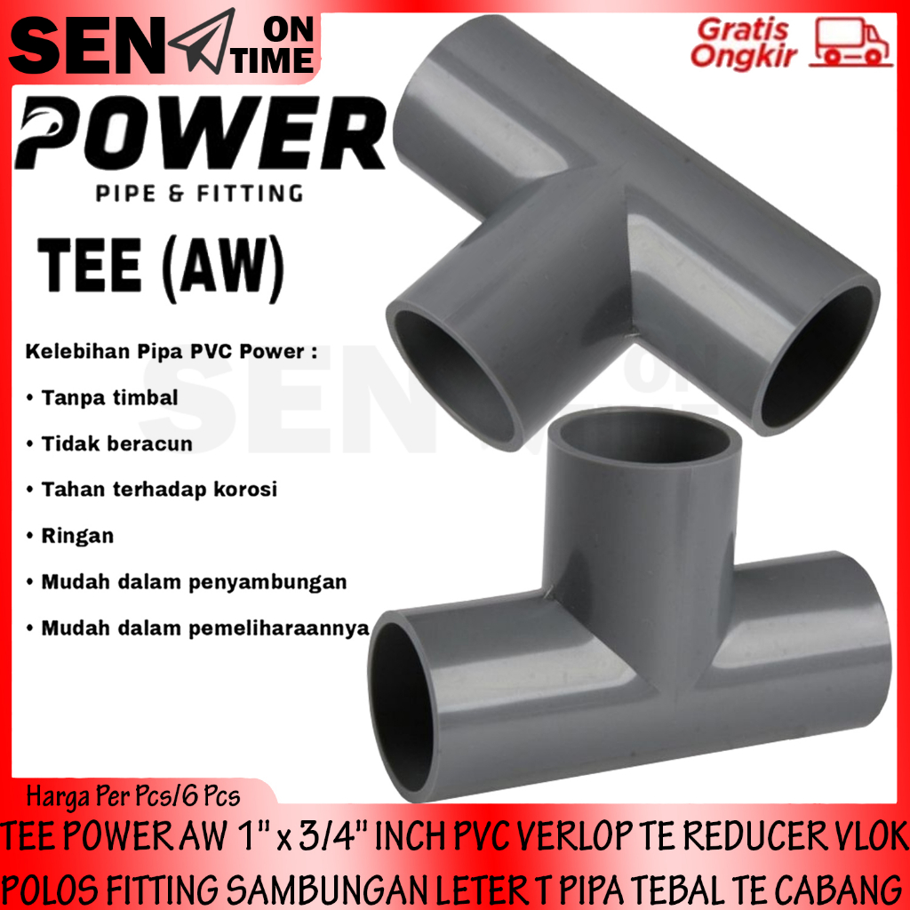 Jual TE REDUCER POWER AW 1" x 3/4" INCH TEE PVC VERLOP VLOK POLOS FITTING SAMBUNGAN LETER T PIPA ...