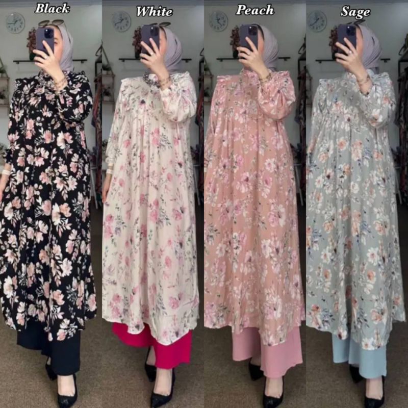 Jual Oneset Long dealova Rayon premium / Setelan tunik motif bunga ...