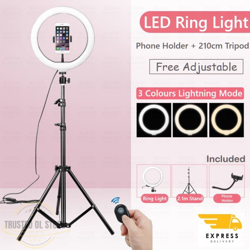 Jual Paket Lengkap Ringlight 26cm + Tripod 2,1 Meter + Tomsis Bluetooth ...
