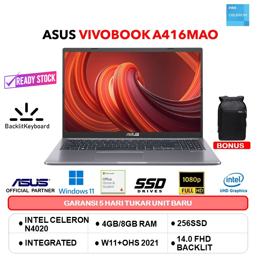 Jual ASUS A416MAO FHD425 N4020 8GB 256SSD W11+OHS 14.0FHD | Shopee ...