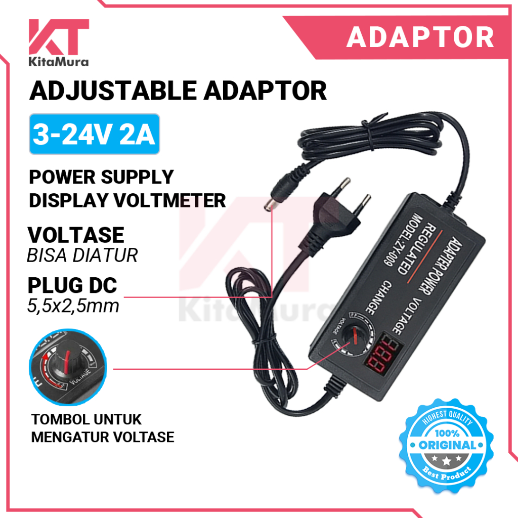 Jual Adjustable Adaptor 3-24V DC 2A Power Supply With Display Voltmeter | Shopee Indonesia