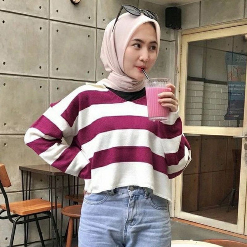 Jual FUJI ATASAN RAJUT BLOUSE BB30-50KG CROPTOP BLASTER GARIS SALUR ...