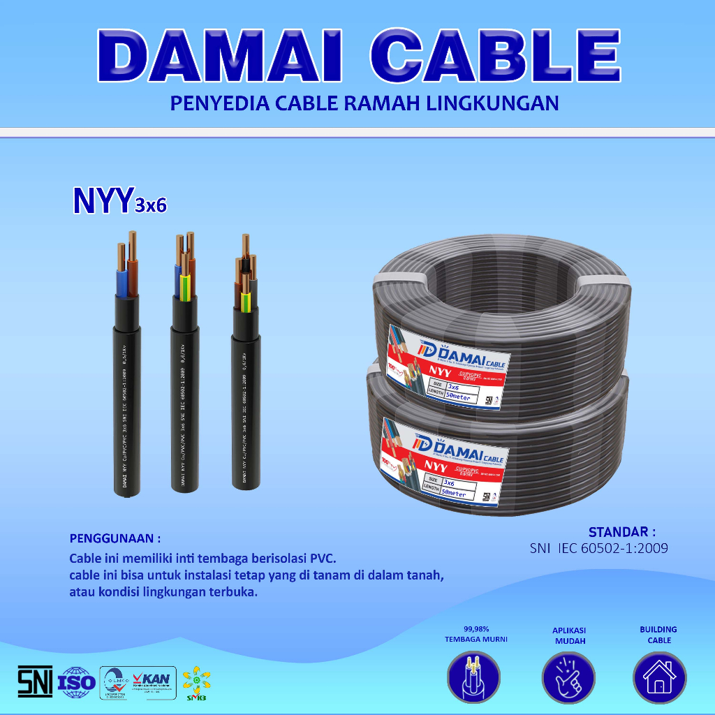 Jual NYY 3x6 mm2 50-100 Meter - Kabel Tembaga Kawat Damai Cable | Shopee Indonesia
