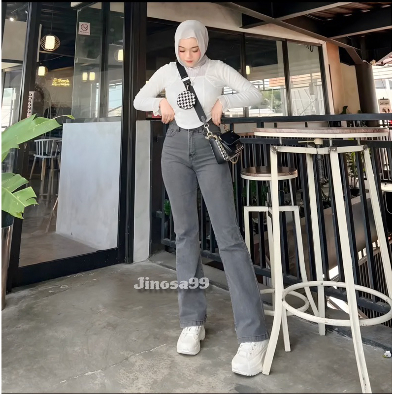 Jual High Waist Jeans Streach Wanita Cutbray || Korean Style Straight ...