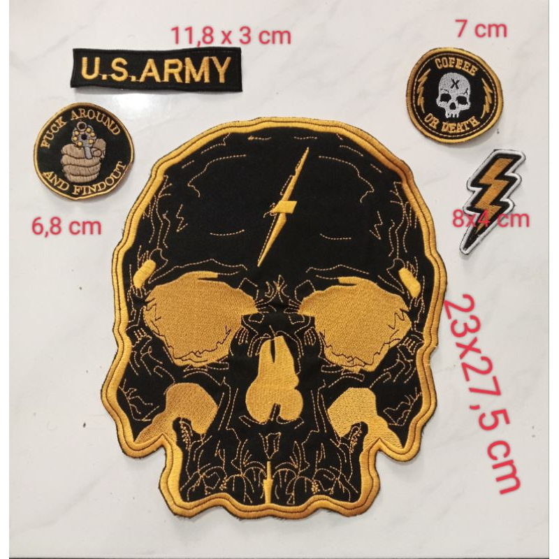Jual set patch dan backpatch bordir tengkorak black gold tempelan punggung jaket | Shopee Indonesia