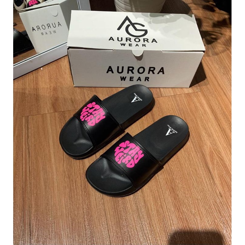 Jual sendal slop pria wanita Black stay weird Aurora premium | Shopee ...