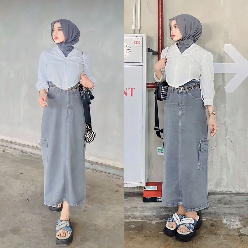 Jual Kenza Highwaist Rok Cargo Jeans Denim Split Panjang Korea Style ...