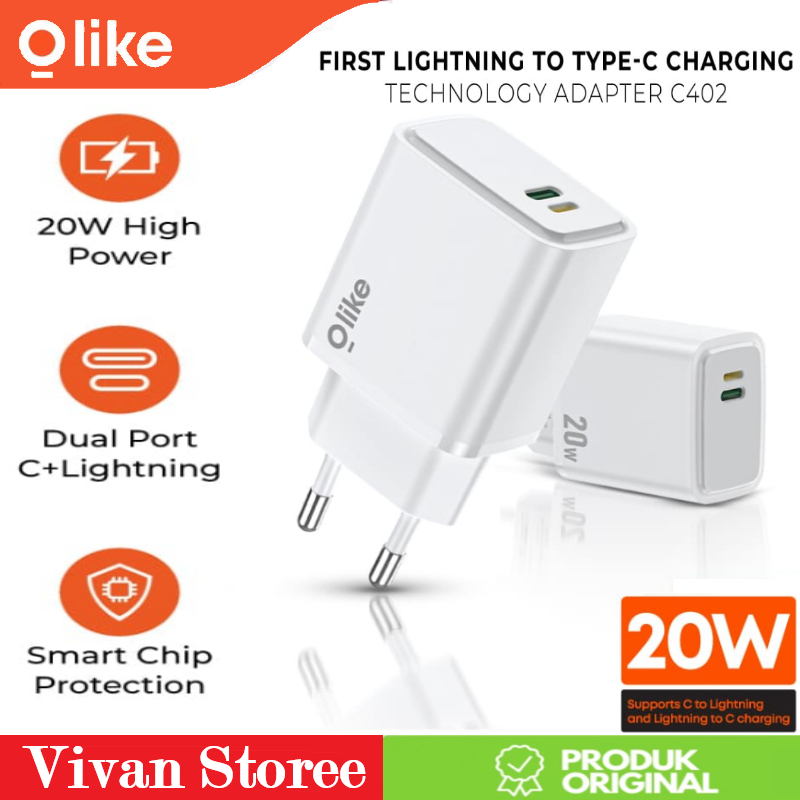 Jual OLIKE Adaptor Charger C402CL Batok Charger 20W Dual Port Lightning ...
