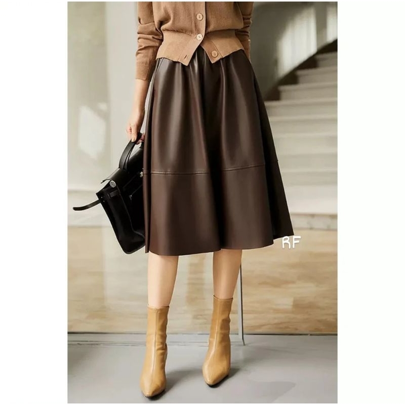 Jual CHI RF Rok Wanita PU Leather A line model rempel pinggang full ...