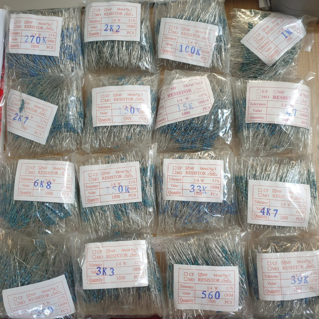 Jual Resistor 1/4 watt 1% 150K 1M 1R 2K7 2K3 560R dll per 1 bungkus isi 1000pcs | Shopee Indonesia