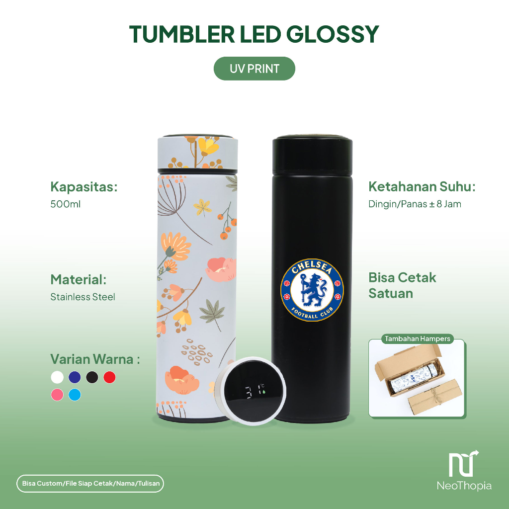 Jual Tumbler Custom Smart LED Suhu Glossy 450ml Cetak Print UV Nama ...