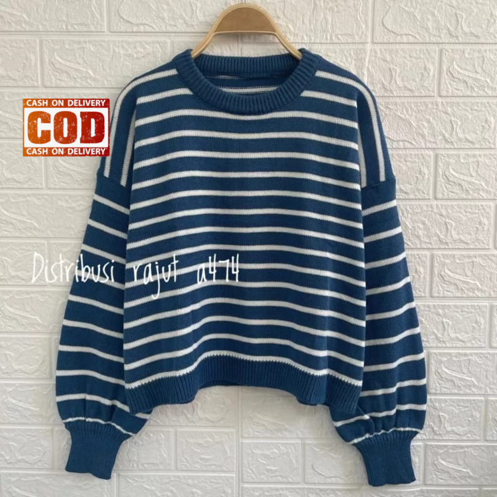 Jual Titi Strip Sweater Rajut Kerah Bulat Premium | Shopee Indonesia