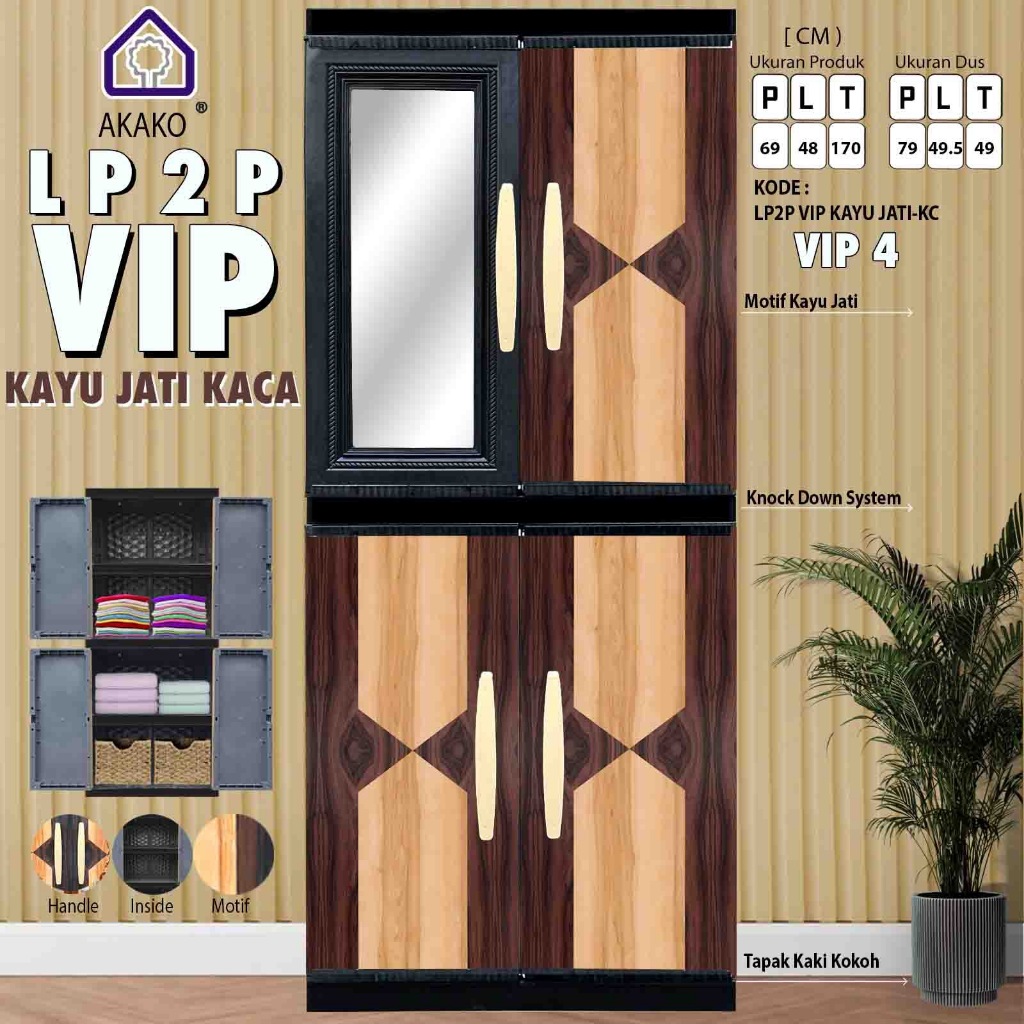 Jual AKAKO LP2P HAPPY Lemari Pakaian Plastik JUMBO BESAR Akako Rak Kaca Cermin 4 Susun 2 Pintu ...