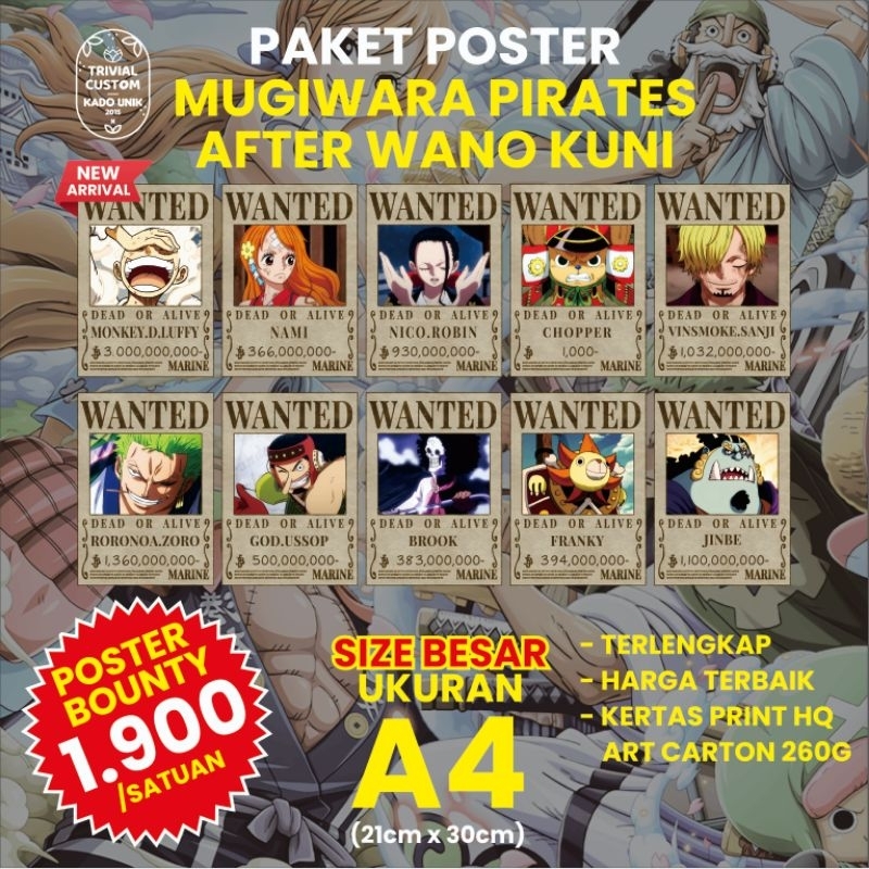 Jual Poster Bounty ONE PIECE | Wanted Crew Mugiwara Wanokuni | Satuan ...