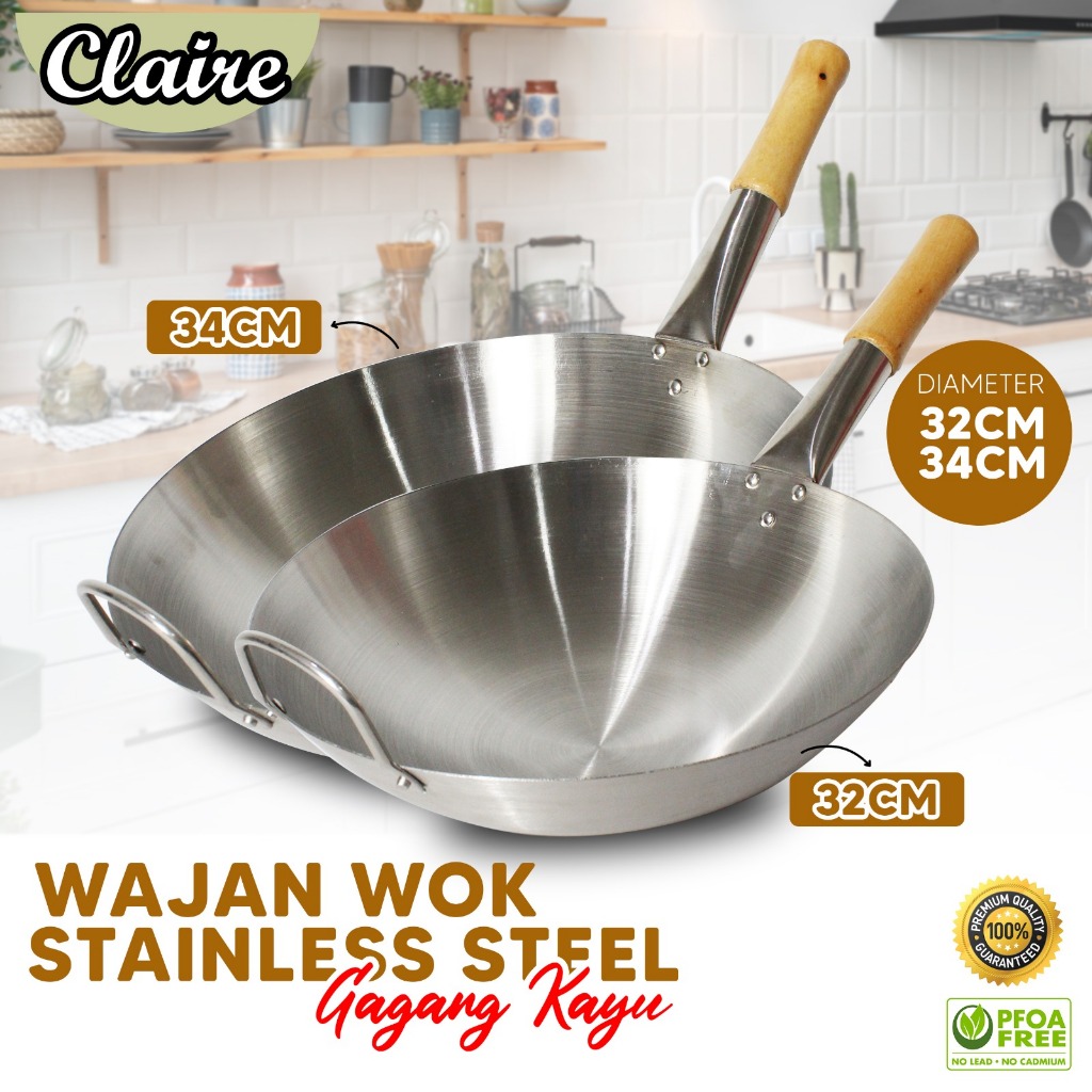 Jual Wajan Stainless Steel Gagang Kayu Anti Panas / Wajan Stainless ...