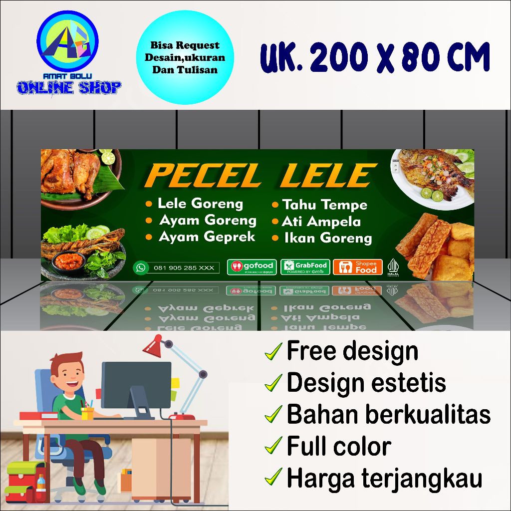 Jual MMT,SPANDUK PECEL LELE + TAHU TEMPE UKURAN 200X80 WARNA HIJAU TUA ...