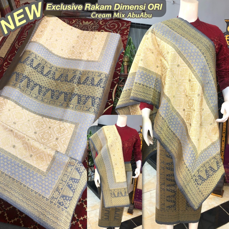 Jual NEW EXCLUSIVE Songket Rakam Kandang Dimensi ORI /cream mix AbuAbu/songket tenun asli ...